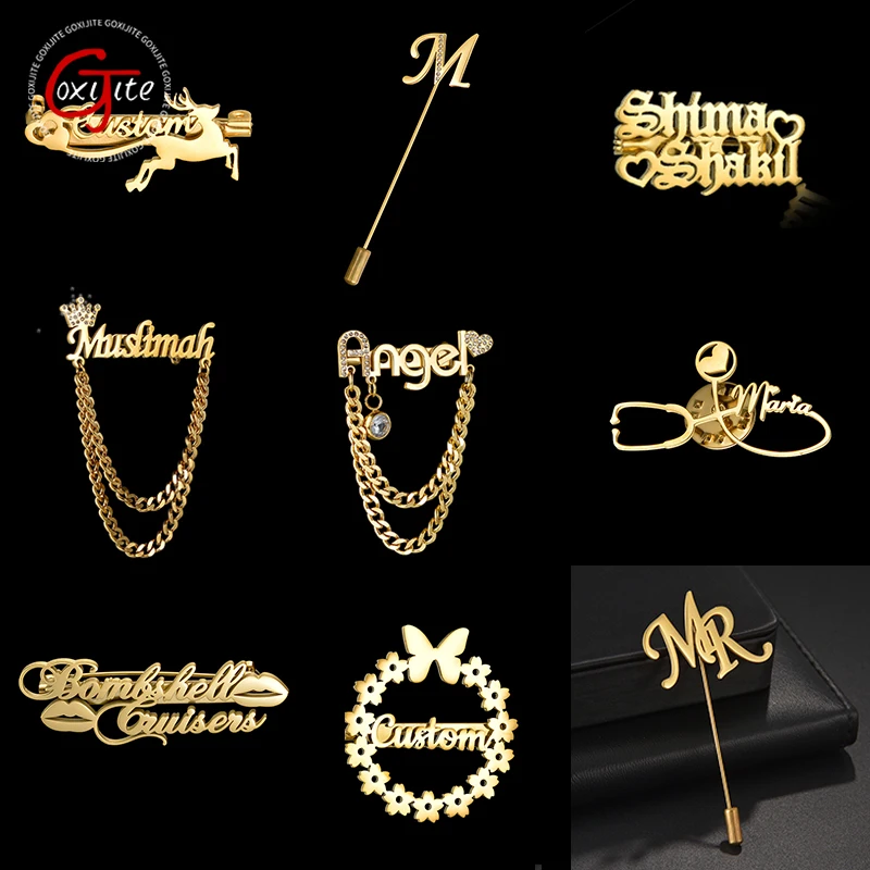 Goxijite Custom Nameplate Stone Brooch Pin For Women Stainless Steel Customized Chain Nameplate ...