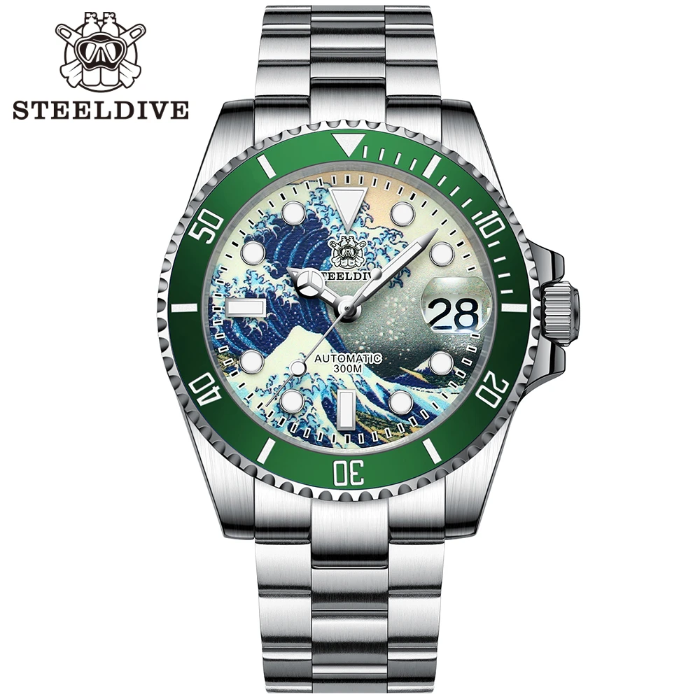 Steeldive Sd1953j 41mm Green Dial Kanagawa Dial Nh35 Automatic Movement ...