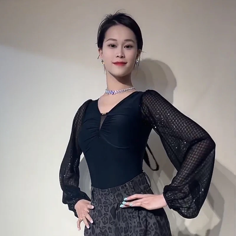 Sequin Mesh Long Sleeves Latin Dance Tops Women Waltz Ballroom Dance ...