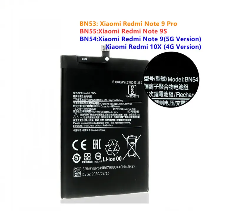1x 5020mAh BN53 BN54 BN55 Replacement Battery For Xiaomi Redmi Note 9 ...