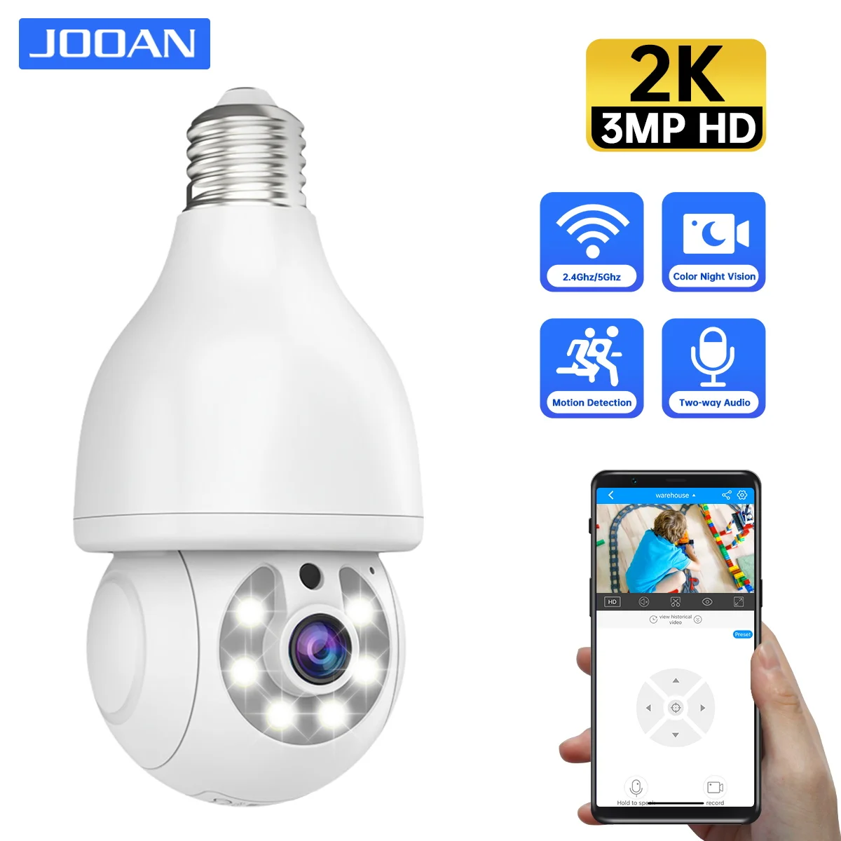 JOOAN 가정용 PTZ 와이파이 카메라, 컬러 나이트 비전, 자동 추적 보안 카메라, 양방향 오디오 비디오 감시, 3MP ...