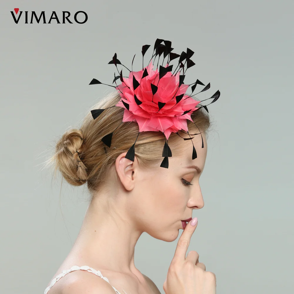 VIMARO Pink and Black Feather Fascinator Hats for Women Wedding and ...