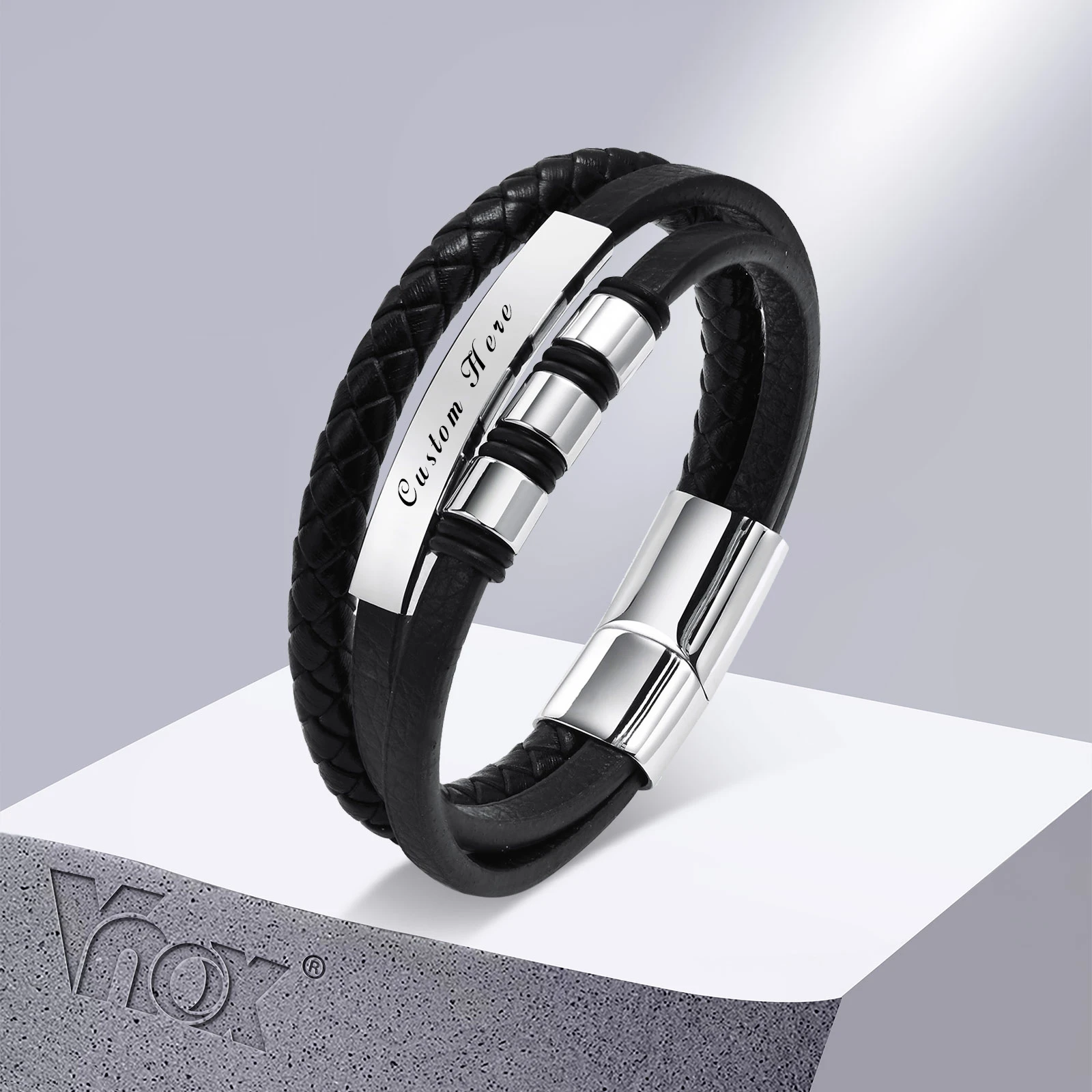 Vnox-Free-Customized-Leather-Bracelets-For-Men-Black-Stainless-Steel ...
