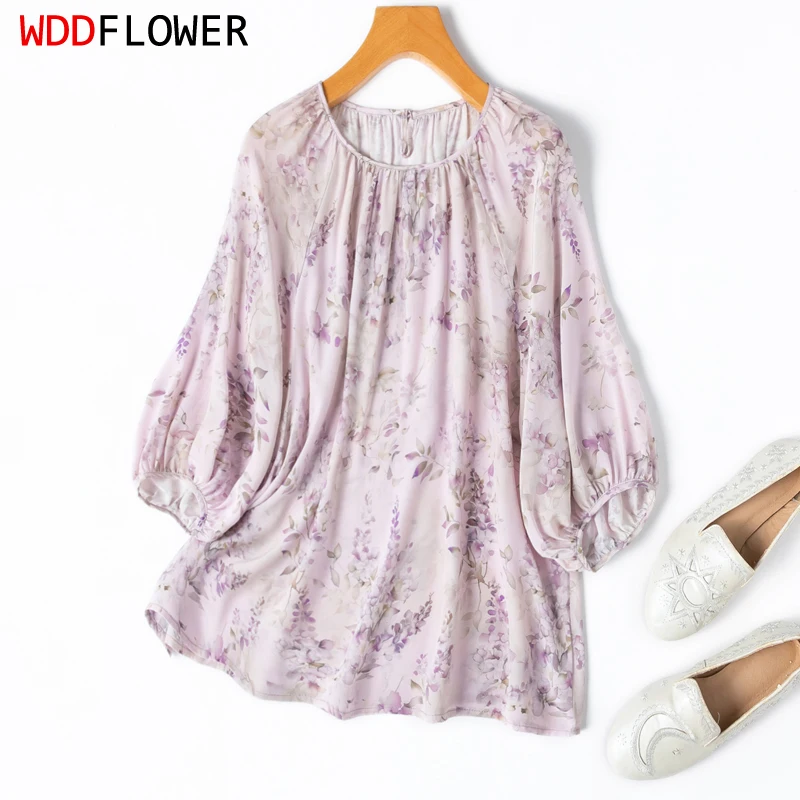 Women-Silk-Blouse-100-Mulberry-Silk-Crepe-Silk-Loose-Type-Purple-Floral ...