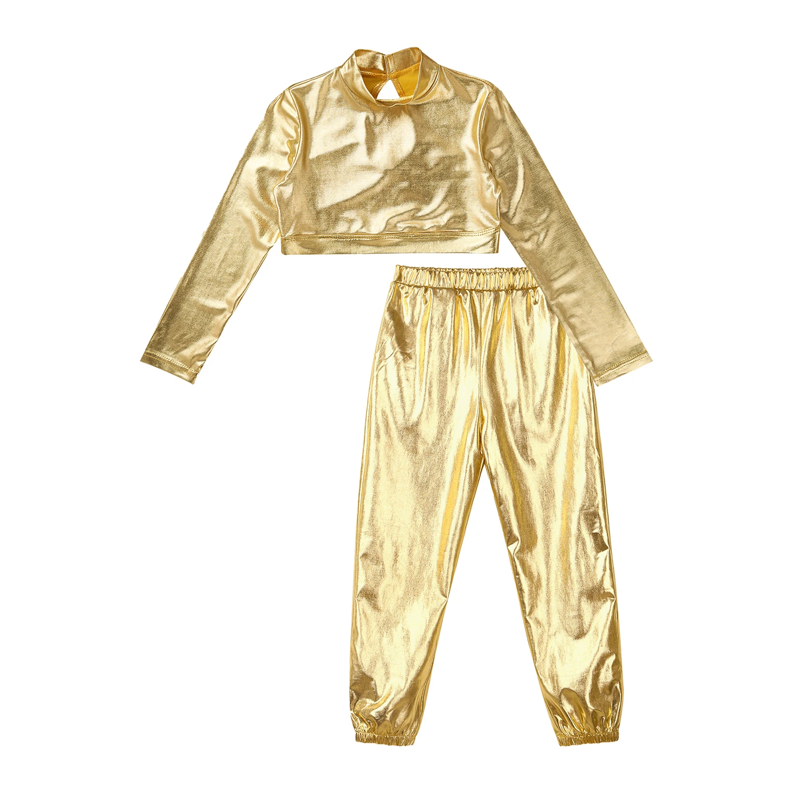 Kids-Girls-Hip-Hop-Jazz-Dance-Outfit-Glossy-Metallic-Long-Sleeves ...