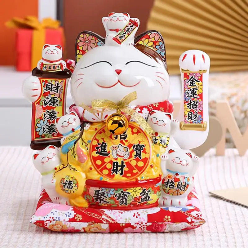 Ceramic Lucky Cat Maneki Neko Waving Hand Cat Battery Powered Fortune ...