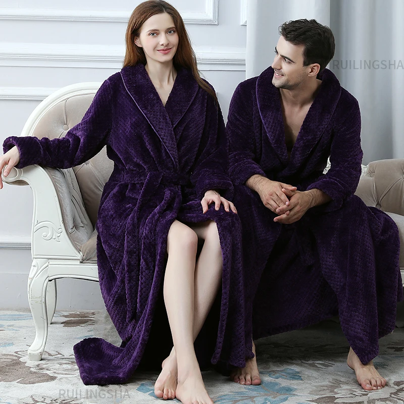 Women Winter Plus Size Extra Long Warm Flannel Bathrobe Men Velvet Bath ...