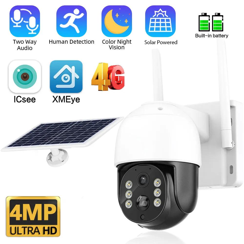 4G Wireless Solar PTZ IP Camera Outdoor PIR Human Detection 4MP Solar ...