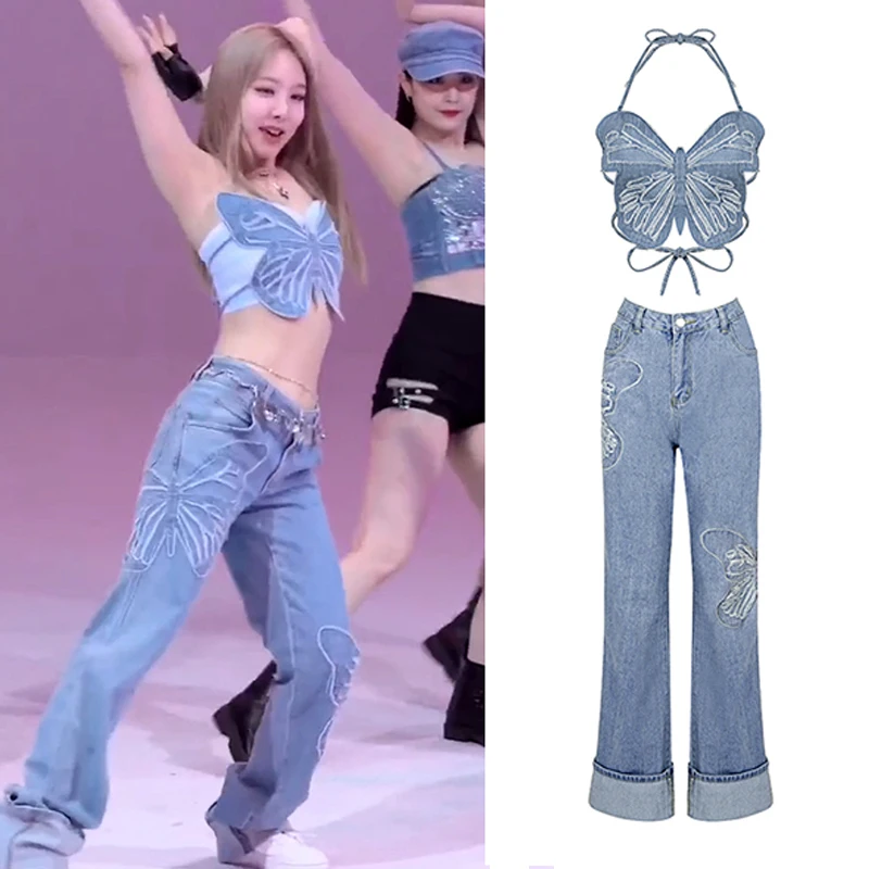Fashion Kpop Outfit Denim Butterfly Tops Pants Sexy Jazz Performance Fashion Kpop Outfit Denim Butterfly Tops Pants Sexy Jazz Performance