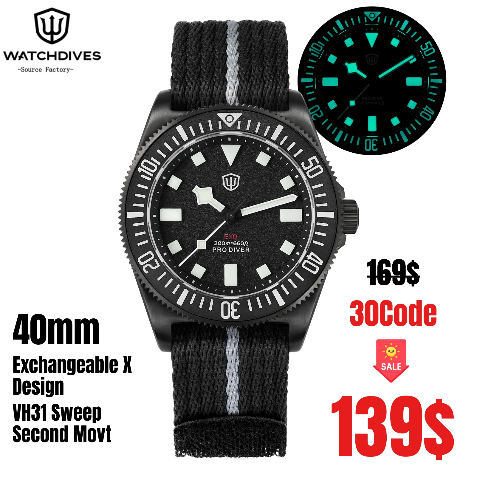 Watchdives EXD 40mm Titanium Dive Watch VH31 Sweep Second Movt Sapphire ...