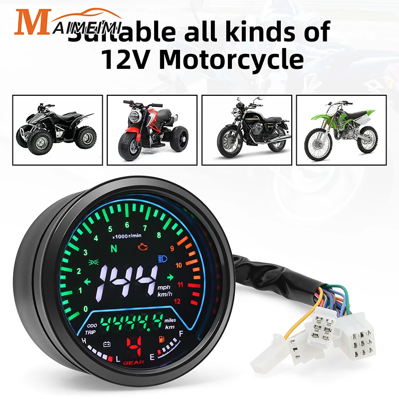 12V Motorcycle Speedometer Odometer Gauge Universal LED Multi-function ...