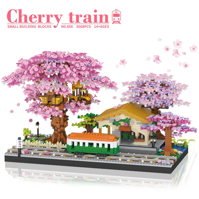 Cherry-Blossoms-Train-Station-Building-Brick-Creative-Micro-Diamond ...