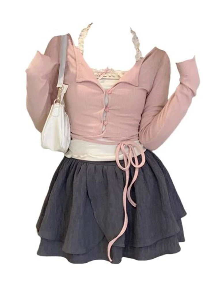 Fashion-Elegant-Preppy-Style-2-Piece-Skirt-Set-Fake-Two-Pieces-V-Neck ...