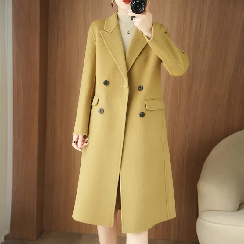 2025 New Wool Coat Women 100% Wool Peak Lapel Overcoat Double-Breasted ...