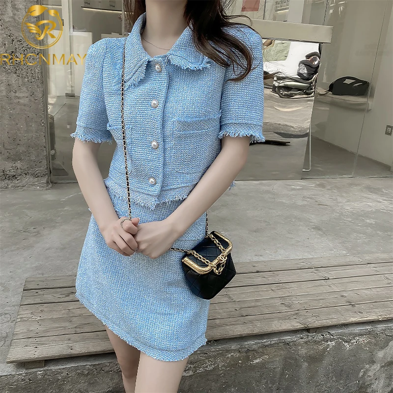 Ensemble deux pièces en Tweed pour femmes, manches courtes, col rabattu ...