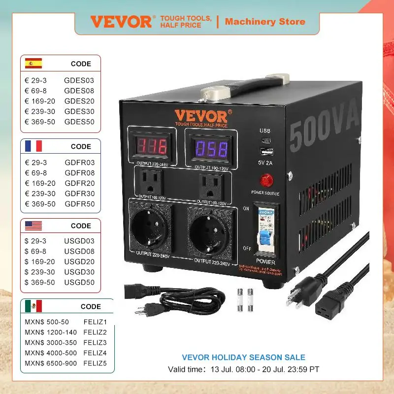VEVOR-Convertitore-di-Tensione-Step-Up-Down-Portatile-110V-220V-220V-110V-Potenza-da-500VA ...