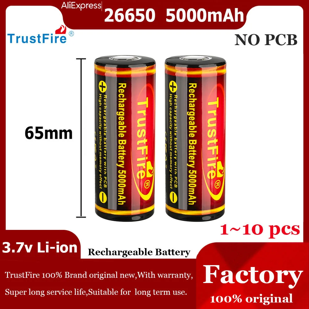 TrustFire-26650-5000mAh-High-Capacity-3-7V-Lithium-Battery-65MM-NO-PCB ...
