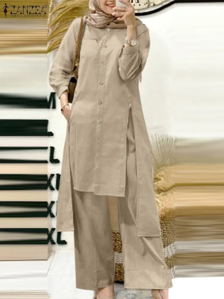ZANZEA Muslim Hijab Outfit Women Tracksuit Causal Wide Leg Pants Sets ...