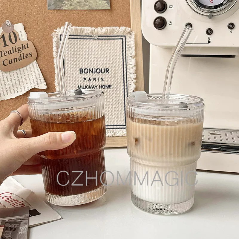 400ml Stripe Coffee Glass Cup With Lid and Straw Transparent Bubble Tea ...