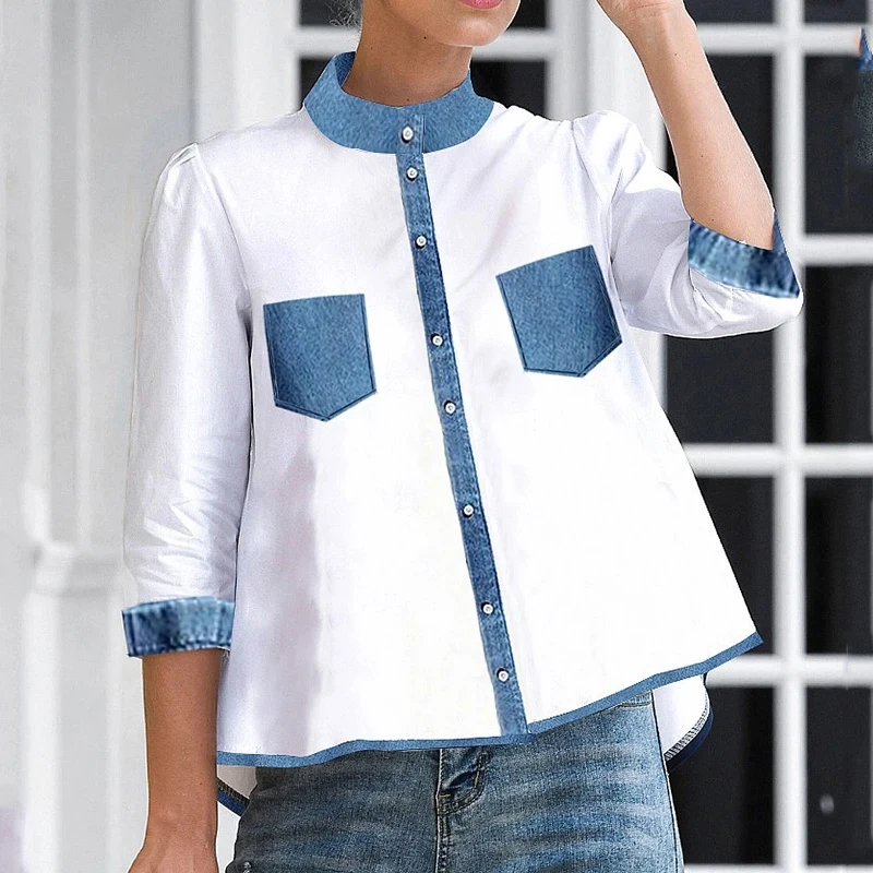 2025 New Women Fashion Fake Pockets Patchwork Blouses Spring Summer ...