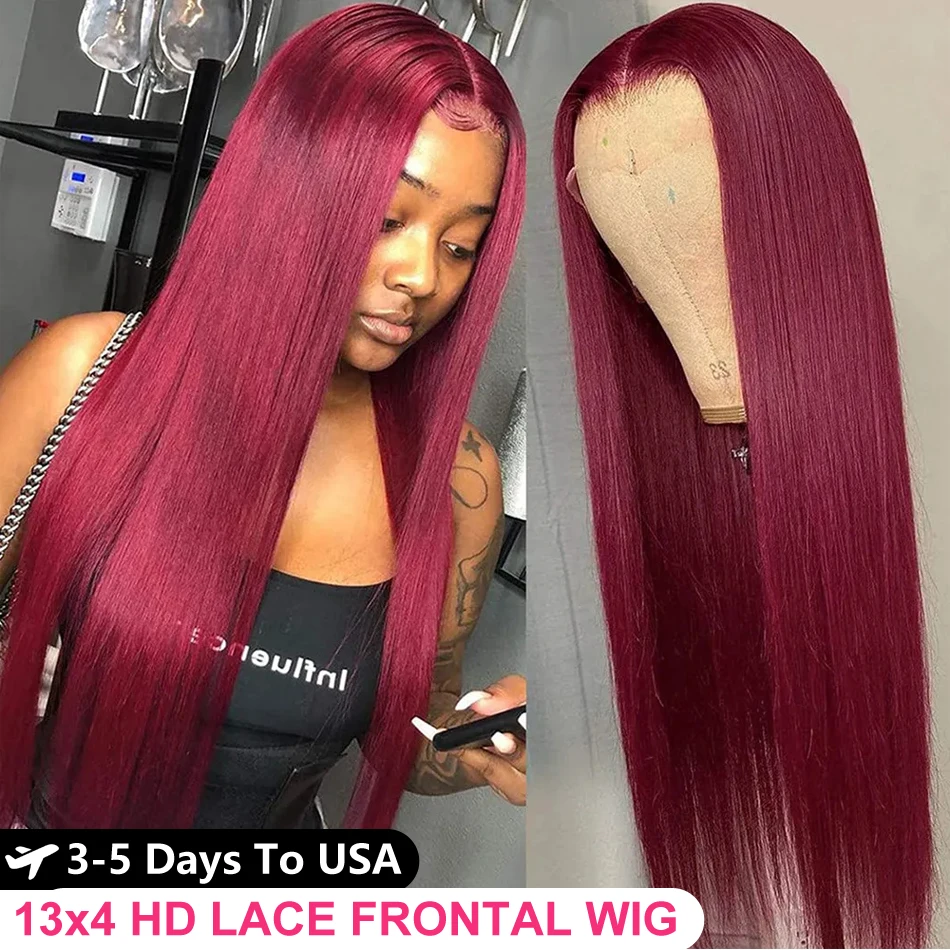 Perruque-Lace-Front-Wig-100-Naturelle-Cheveux-Lisses-Rouge-Bordeaux-99J ...