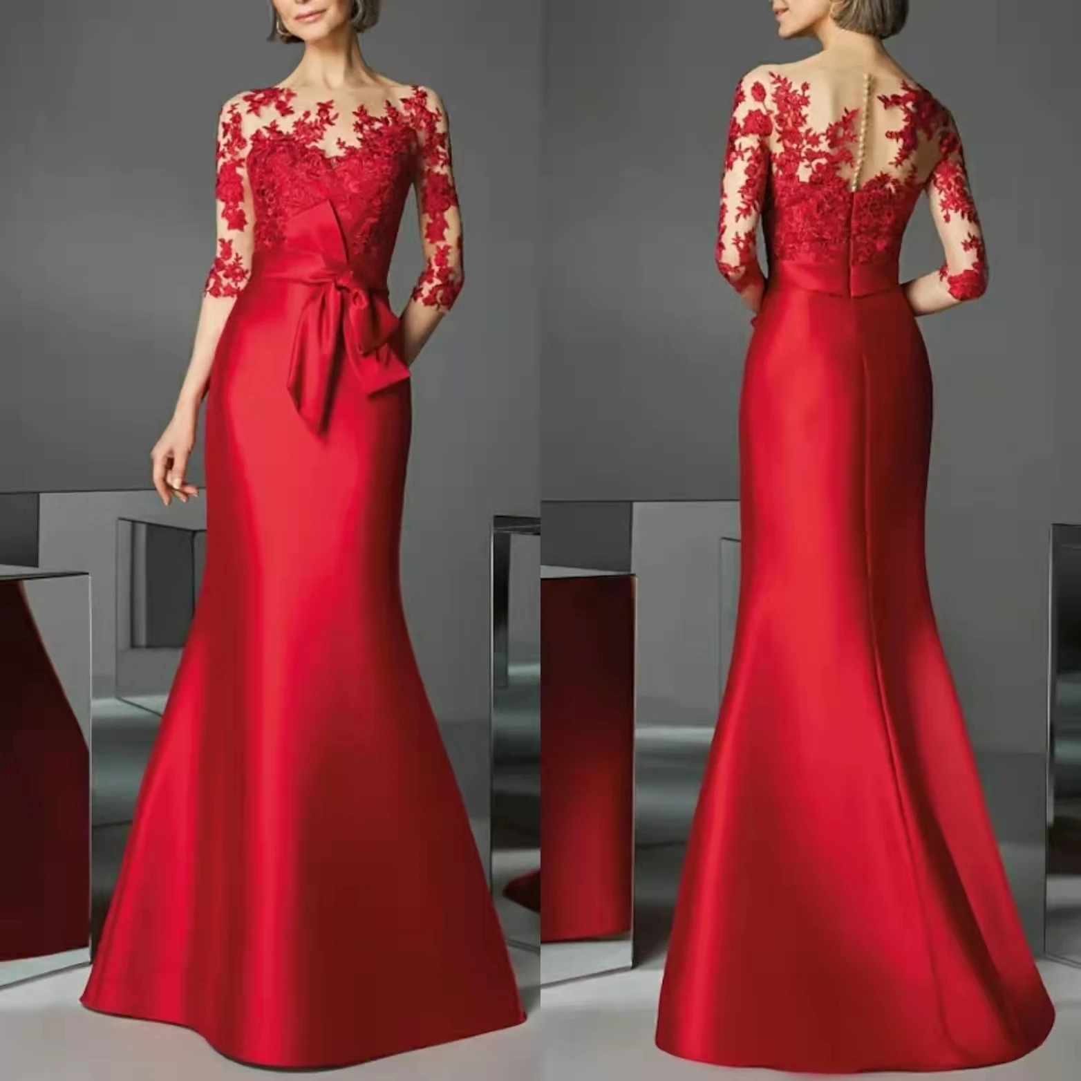 Elegant Mermaid Long Red Satin Mother of the Bride Dresses Sheath ...