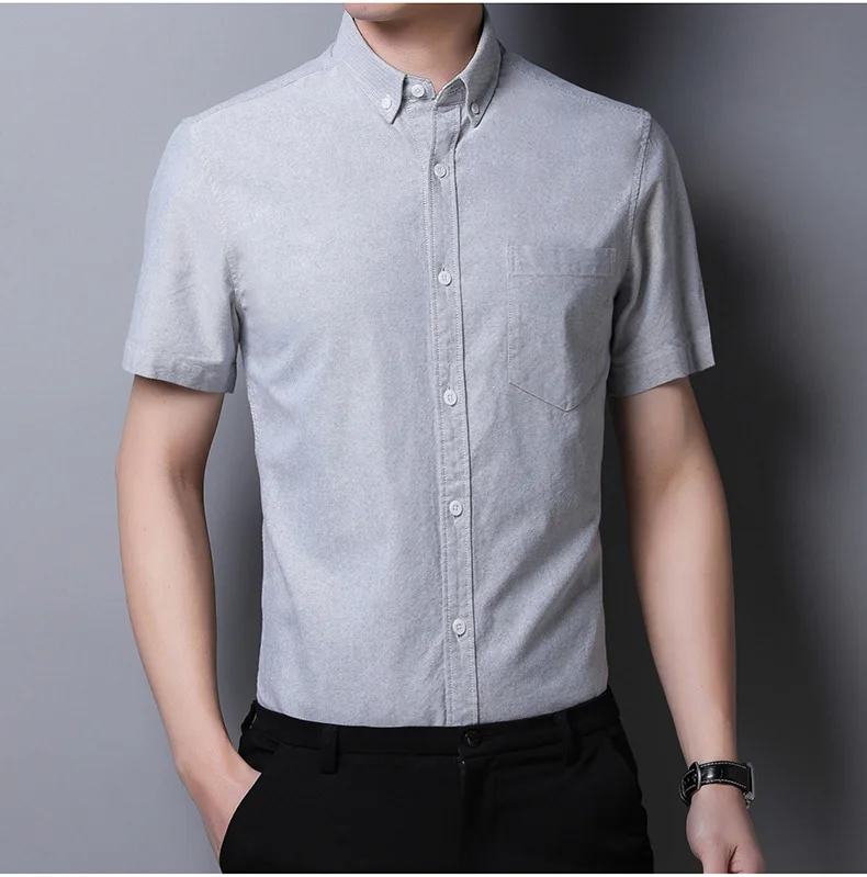Half-Sleeve-Shirt-Men-Slim-100-Cotton-Pure-Color-Stripe-Shirts-Casual ...