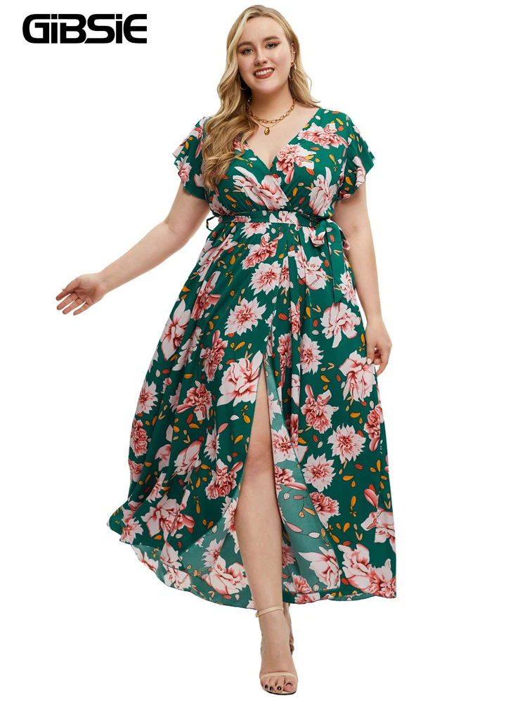 Gibsie Plus Size Surplice Neck Butterfly Sleeve Belted Dress Women ...