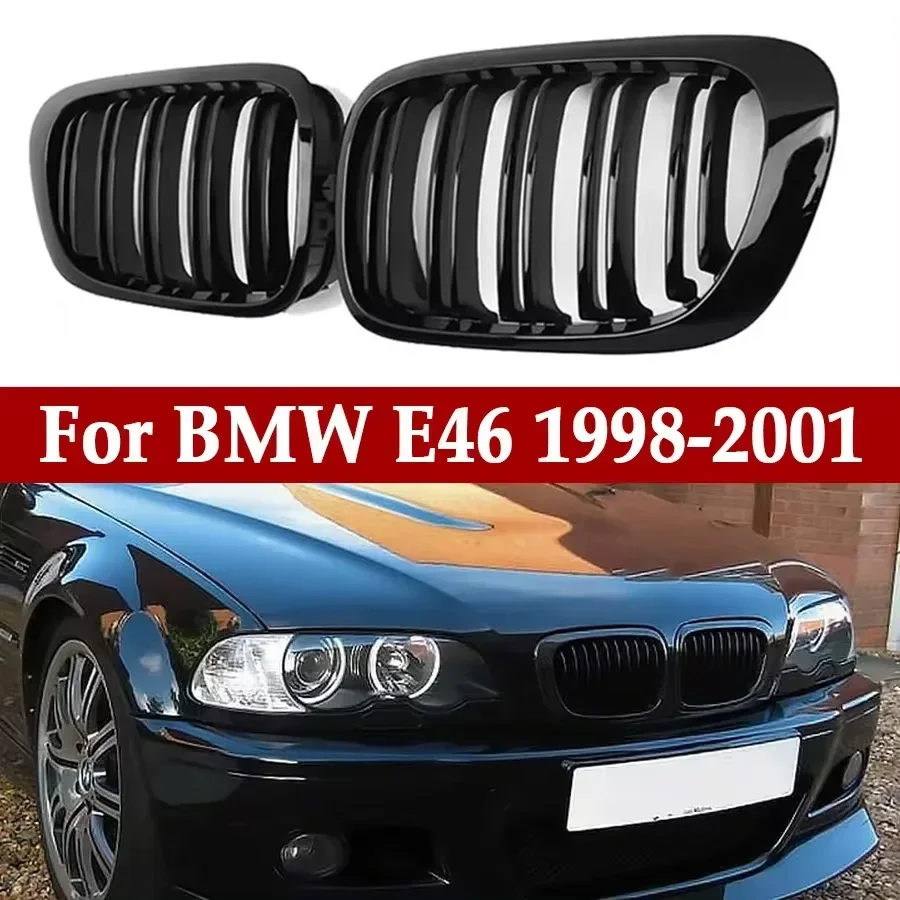 For-BMW-3-Series-E46-1998-2001-2-4-Doors-Gloss-Black-Car-Front-Kidney ...