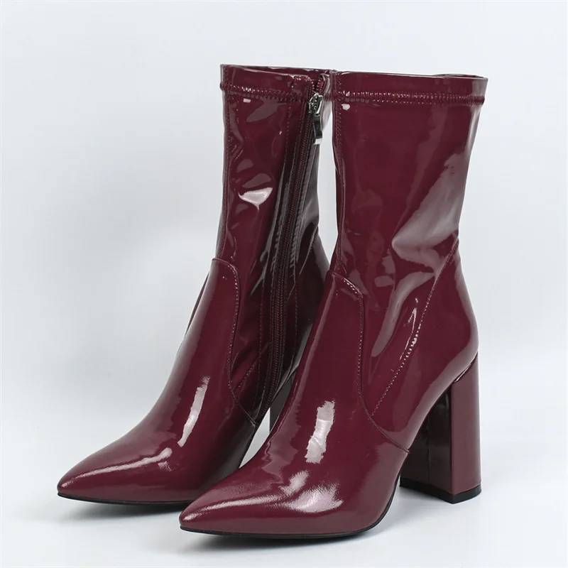 Burgundy-Mid-Calf-Boots-Patent-Leather-Pointed-Toe-Chunky-Heels-Botas ...