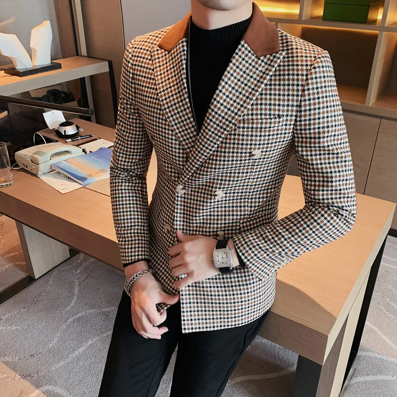 Men-s-Double-Breasted-Business-Casual-Suit-Jacket-with-Plaid-Patchwork ...