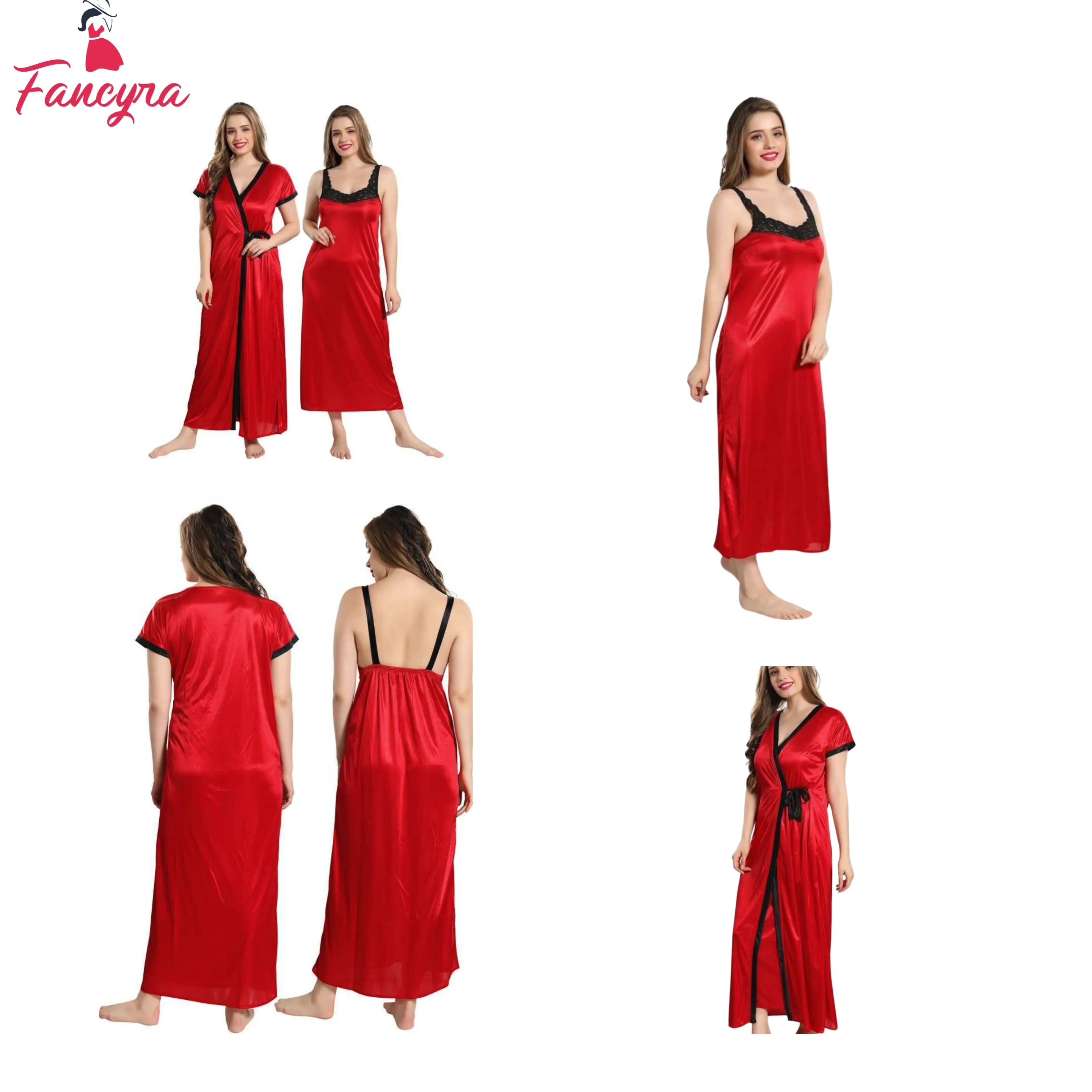 Fancyra Women'S Satin Solid Maxi Nighty With Robe Free Size Red Color ...