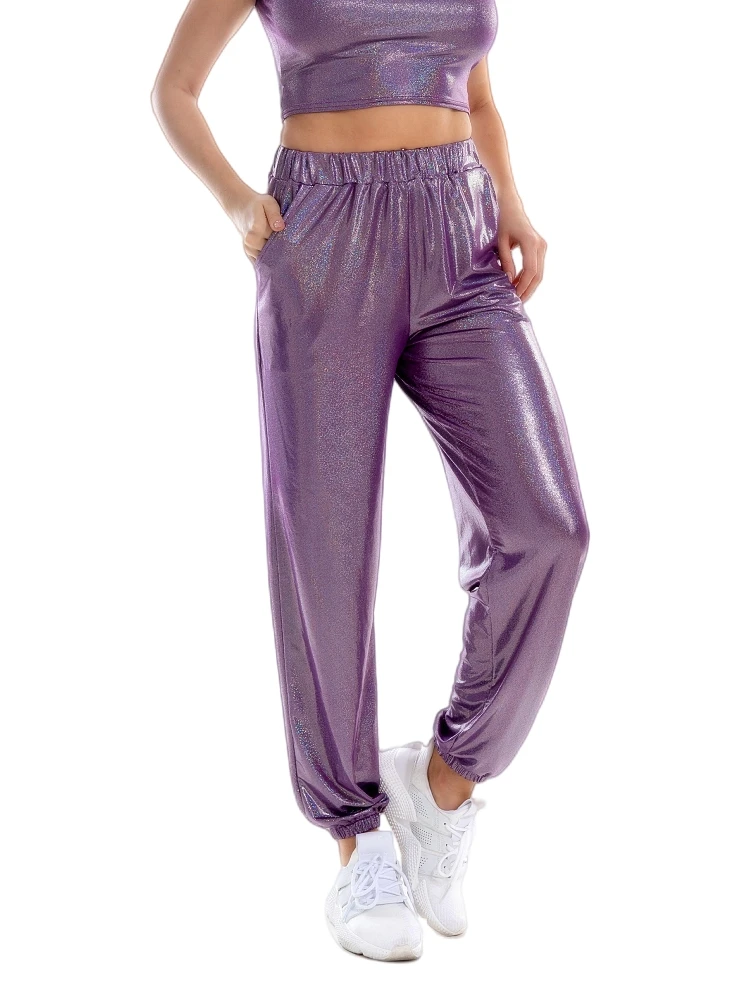 Reflective Women High Waist Metallic Jogger Pants Trousers Shiny ...