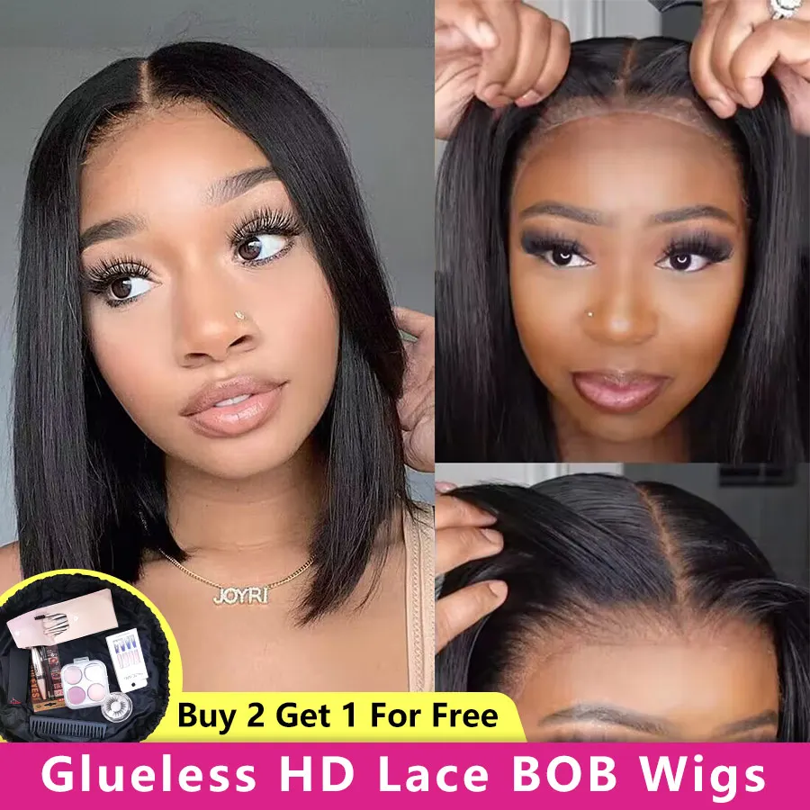 Straight Bob Human Hair Wig Glueless Preplucked Human Wigs Ready To Go 4x4 Lace Closure Glueless ...