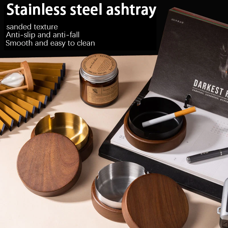 New-Creative-Ashtrays-With-Lid-Walnut-Wood-Desktop-Ashtray-Stainless ...