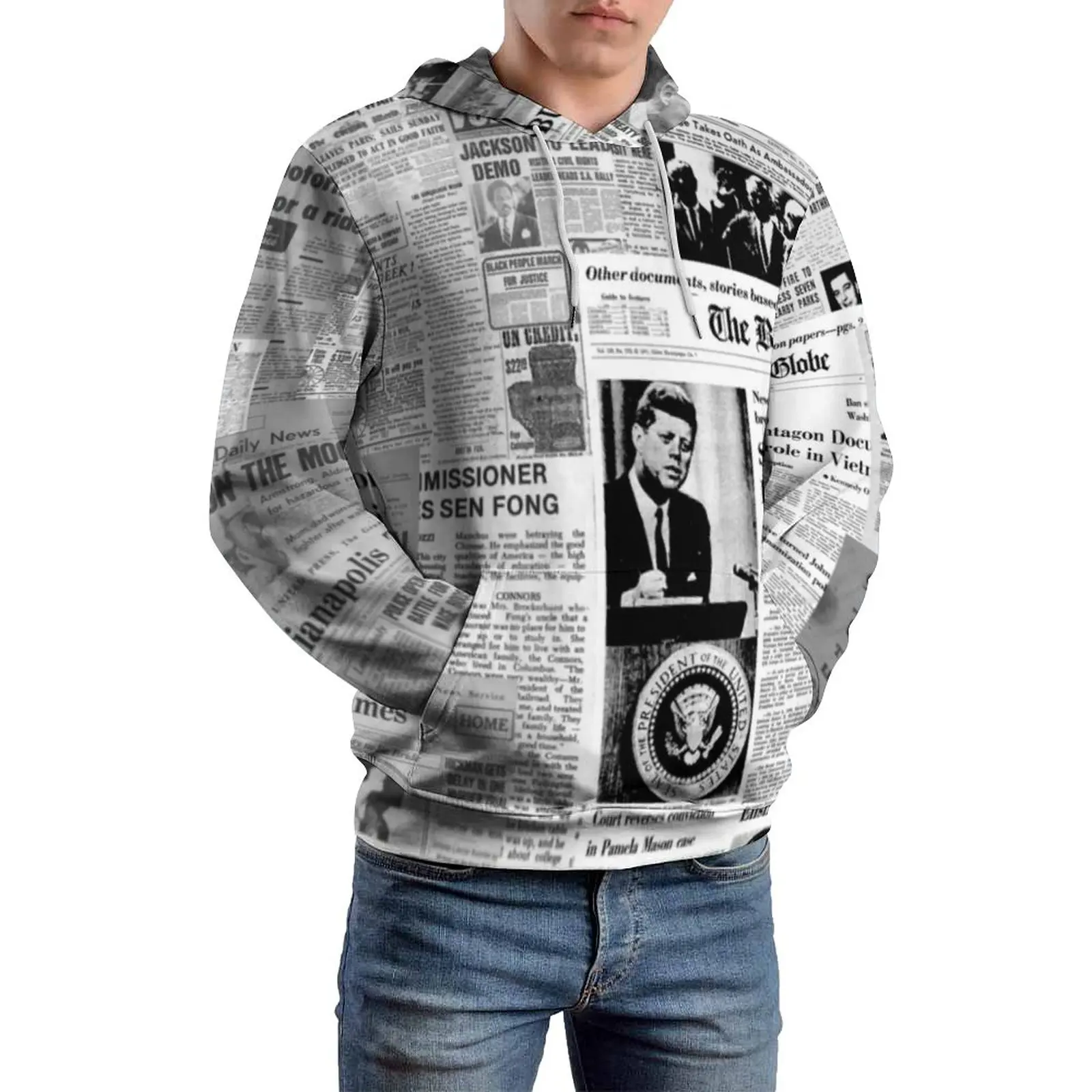 Newspaper Collage Casual Hoodies Men Old American Newspapers Trendy ...