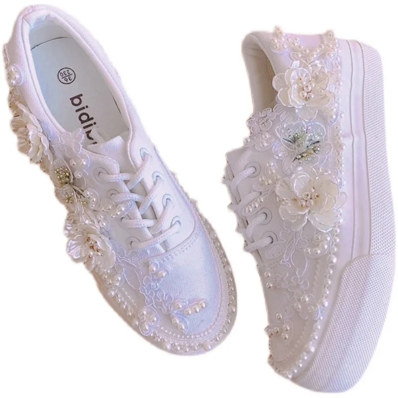 2022 New Thick-Soled White Shoes Daisy Canvas Shoes Low-Top Shoe 6cm ...