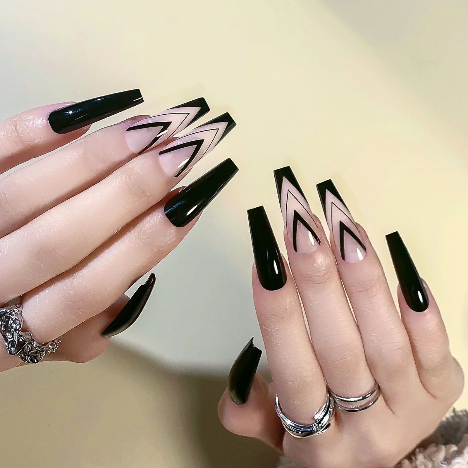 Long False Nails French Black Fake Nails Ballet Nail Dark Style Design ...