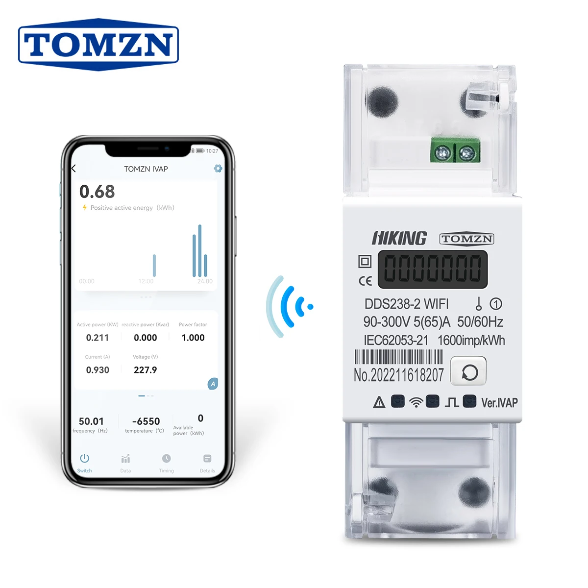 TOMZN 1P+N 65A Tuya WIFI Smart Bidirectional Energy Meter timer Power Consumption Monitor kWh ...