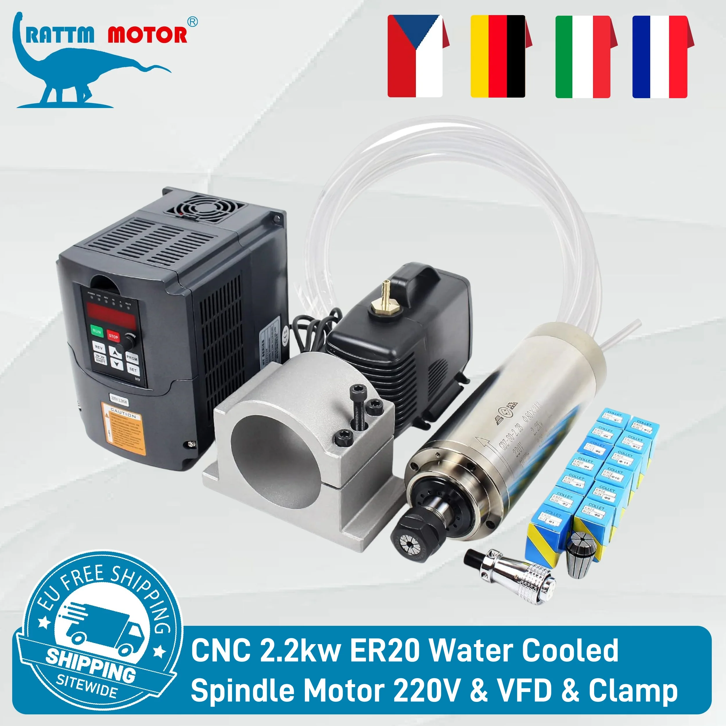 【EU Free VAT】CNC 2.2kw ER20 Water Cooled Spindle Motor 220V & 2.2kw VFD ...