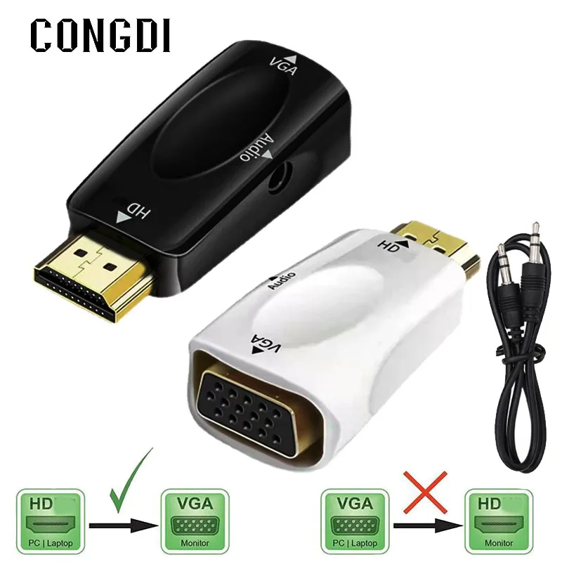 HDMI-compatible To VGA Converter Adapter Audio Cable Convert HD Famale ...