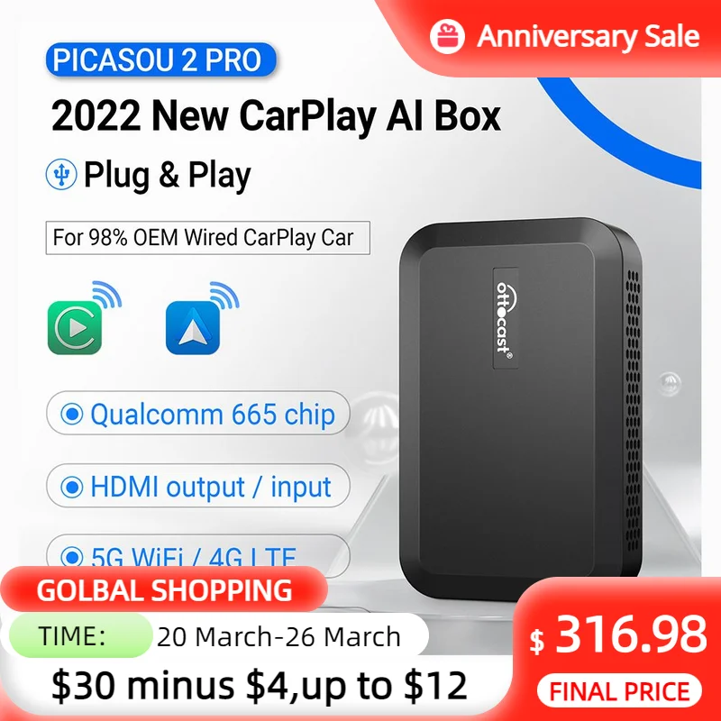 OTTOCAST PICASOU 2 PRO CarPlay AI Box Wireless Android Auto TV Box HDMI Input Netflix IPTV for ...