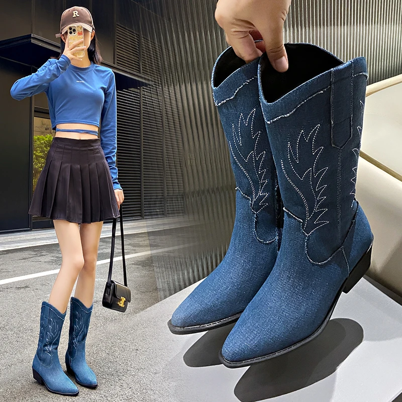 Botas-vaqueras-azules-Vintage-para-mujer-zapatos-largos-con-punta ...