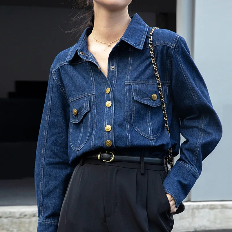 Retro-Dark-Blue-Women-Denim-Blouse-Autumn-Turn-Down-Collar-Long-Sleeve ...