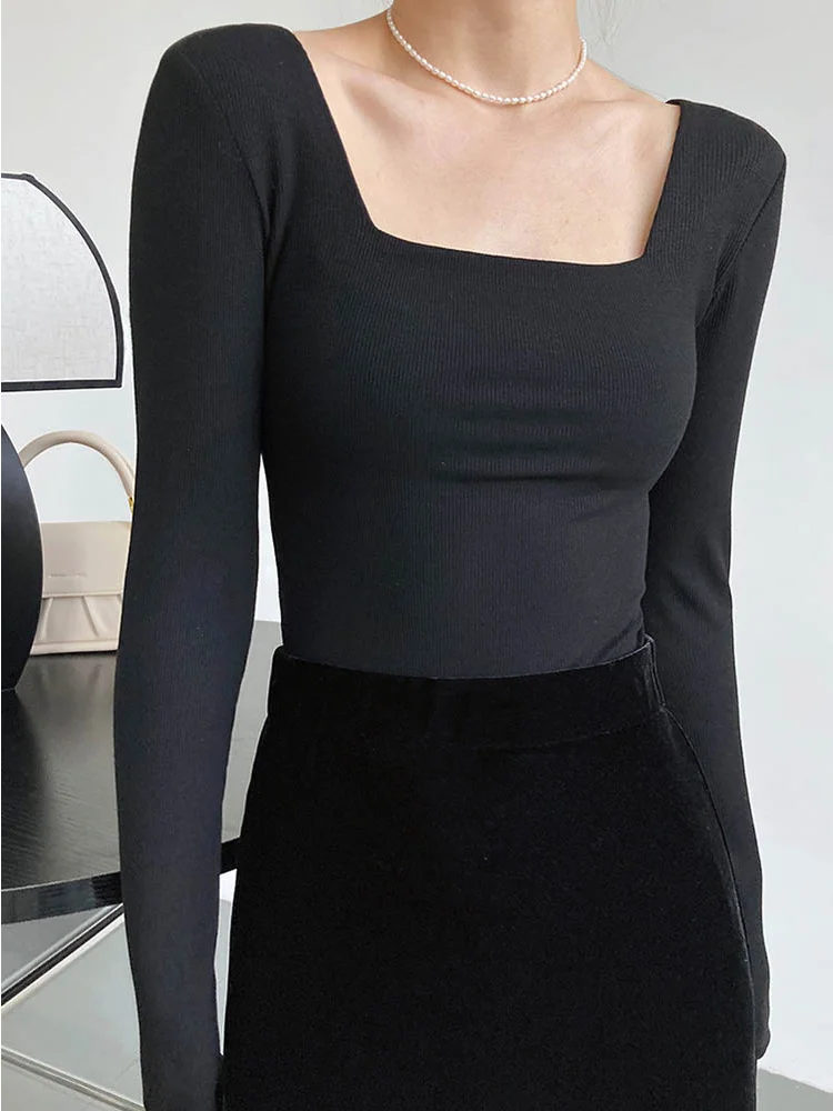 Long-sleeved-square-neck-t-shirt-women-s-slim-fit-exposed-collarbone ...