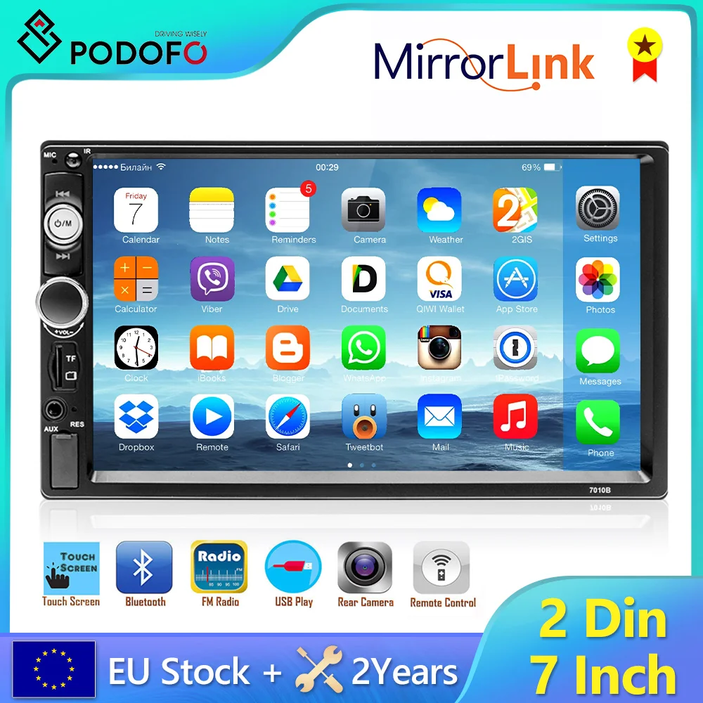 Podofo Rádio Estéreo De Carro Multimídia Hd, Reprodutor De Áudio, Tela Sensível, Ao Toque, Mp5 ...