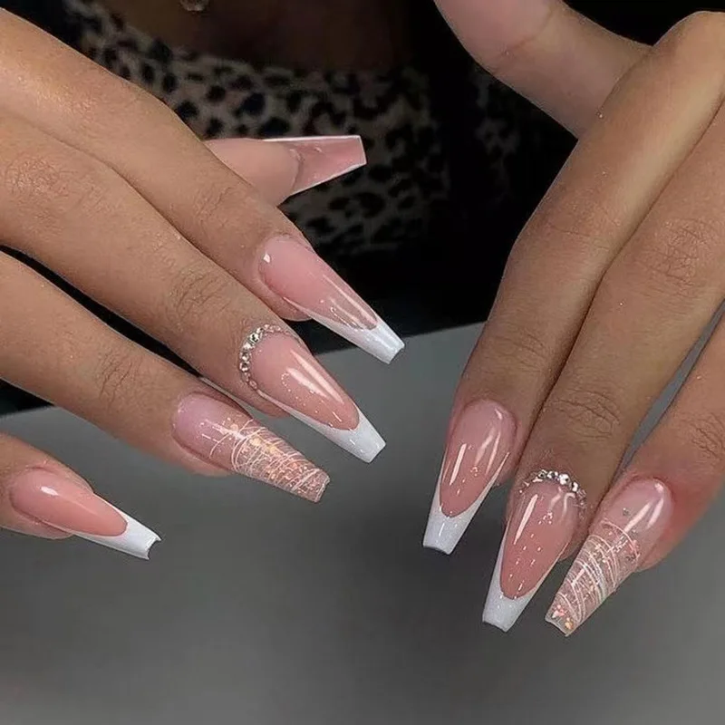 Rhinestone-Glitter-Powder-White-French-Long-Ballet-Fake-Nails-Fashion ...