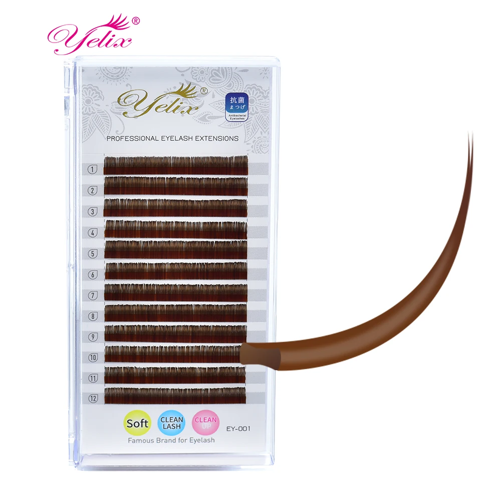 Yelix Brown Ellipse Flat Eyelashes Extensions 12 Rows B/C/D Curl Split ...