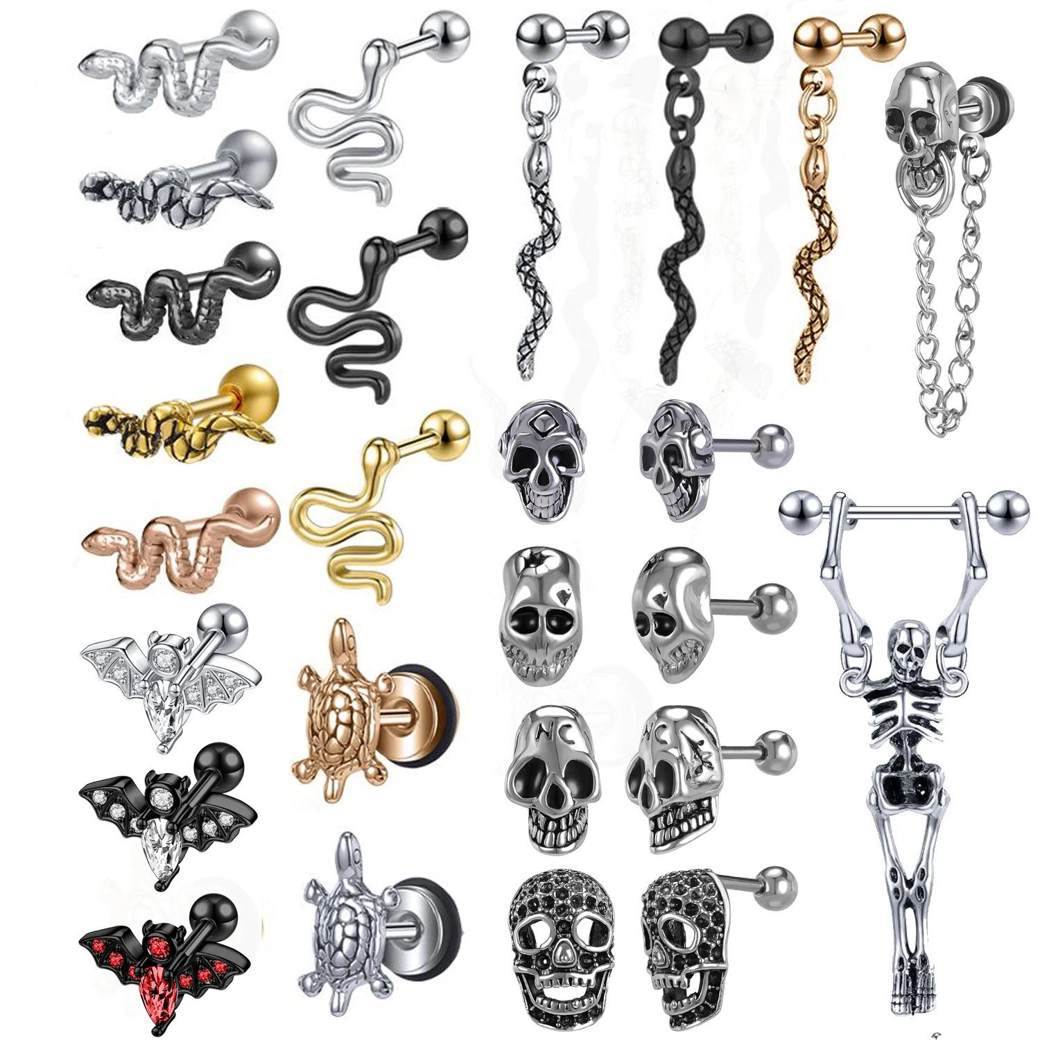 ZEMO-2pcs-Lot-Punk-Snake-Bat-Skull-Stud-Earring-For-Men-316L-Stainless ...