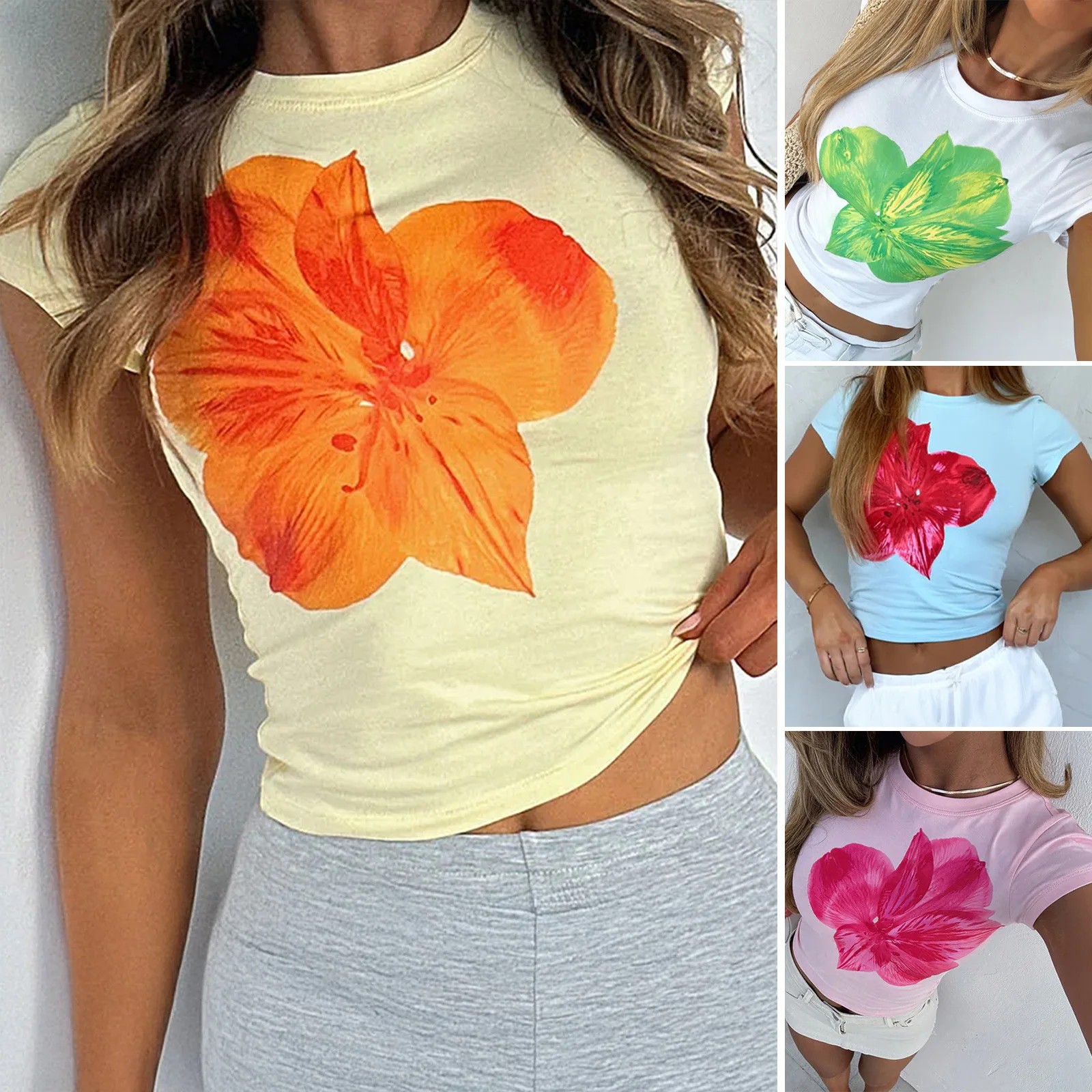 T Shirt Women Summer Crop Top Flower Print Sexy Tees Slim Fit Short ...